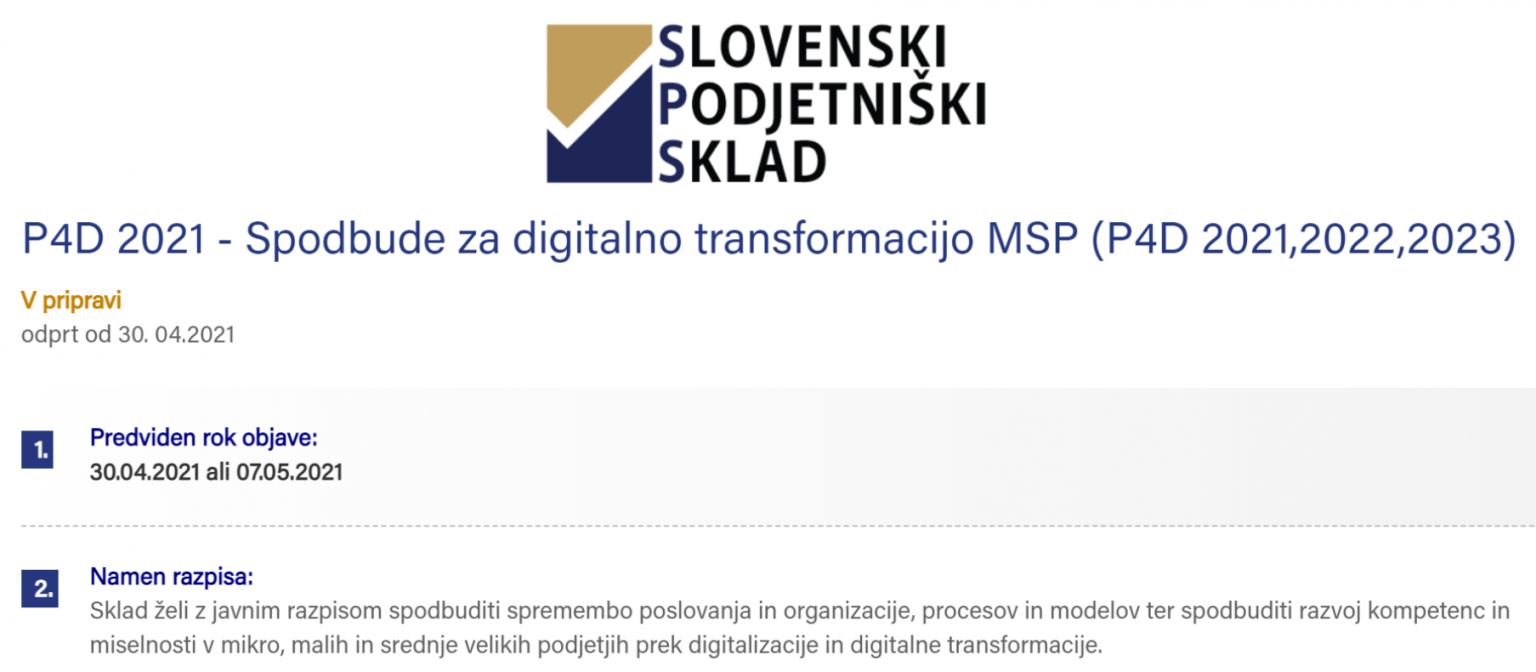 Kmalu odprt JAVNI RAZPIS Slovenskega podjetniškega sklada: P4D 2021 ...